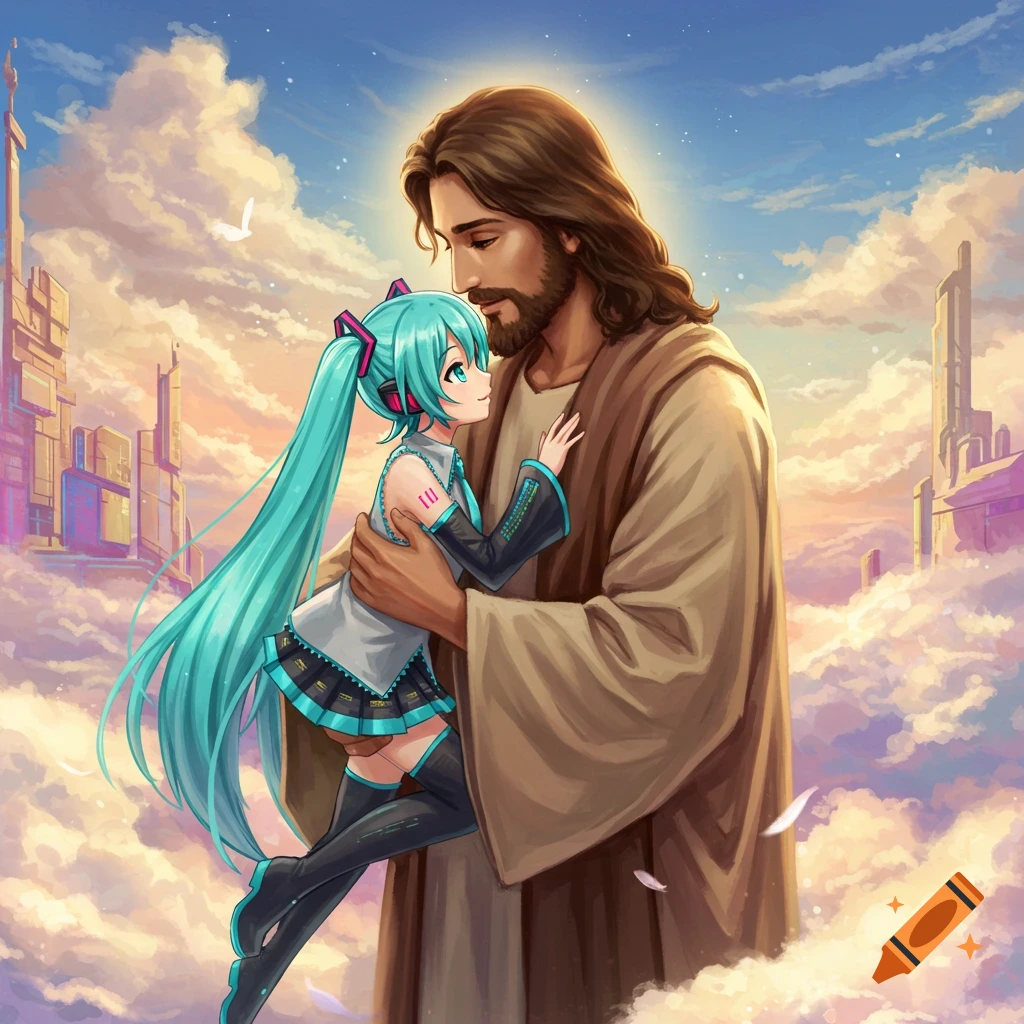 Illustration of Jesus holding Hatsune Miku in the clouds. on Craiyon