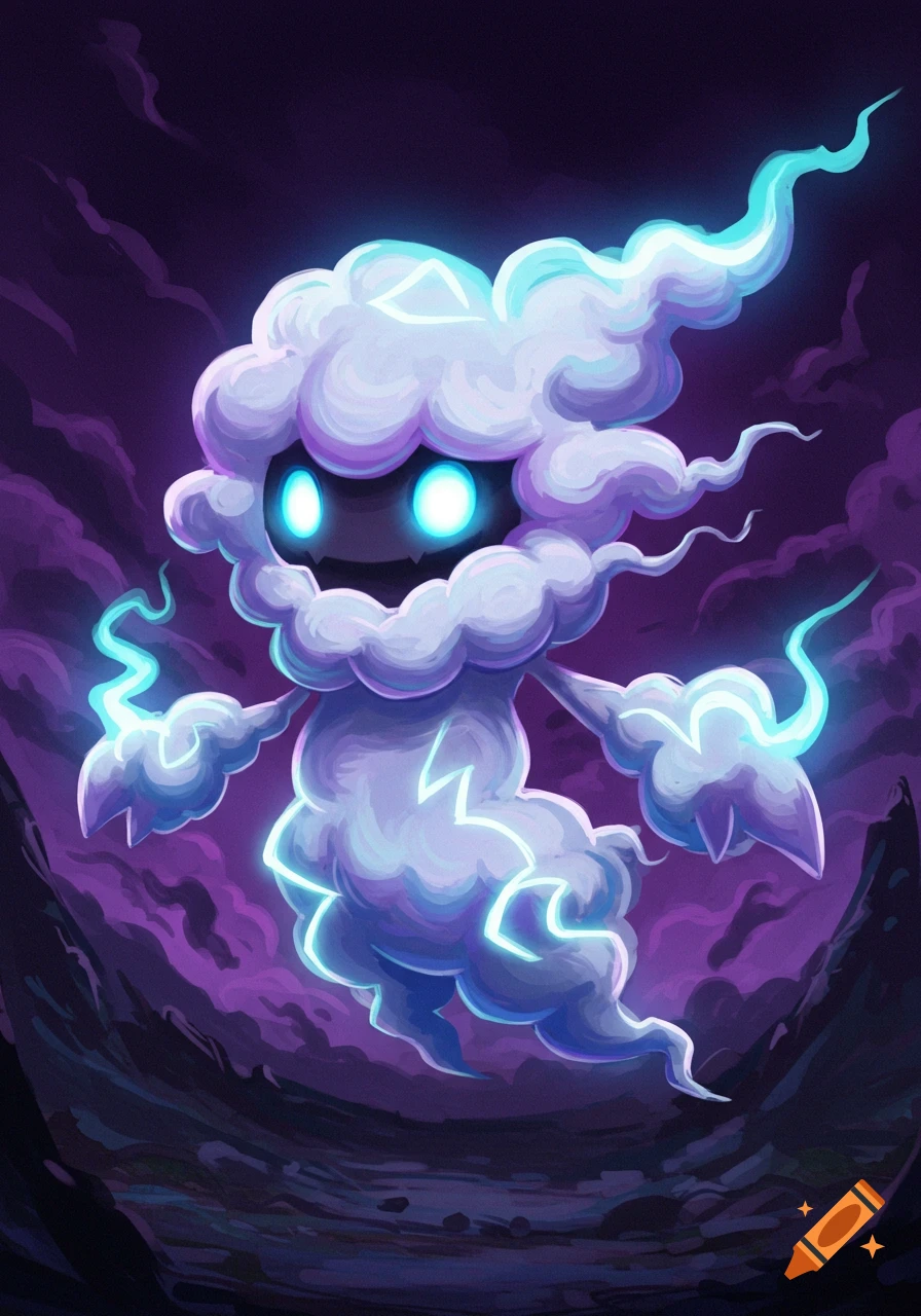 A cute, ghostly electric cloud creature with glowing eyes and tendrils ...