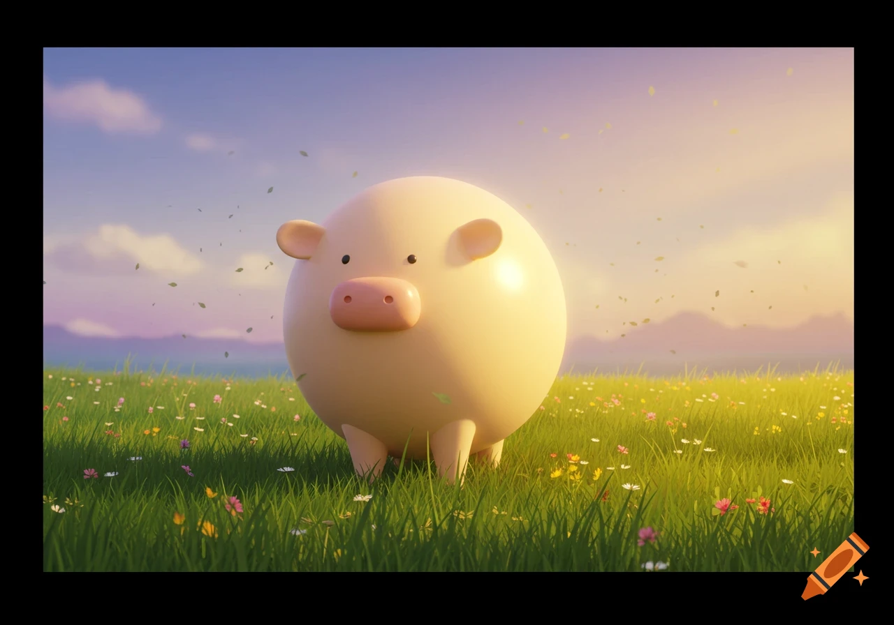 A spherical pig stands in a grassy field with wildflowers under a ...