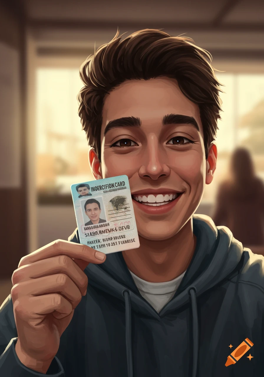 Young man smiling and holding up an ID card in a digital illustration ...