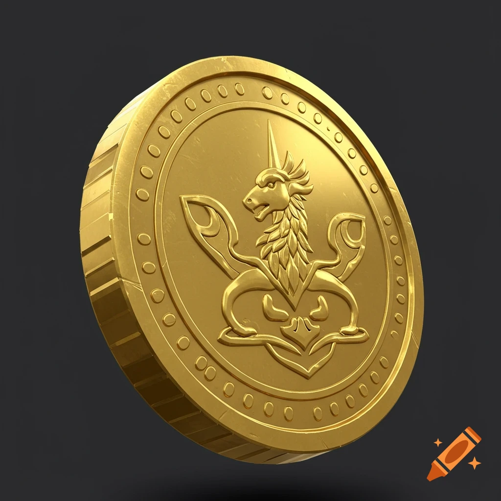 A golden coin with an embossed fantasy creature design on Craiyon