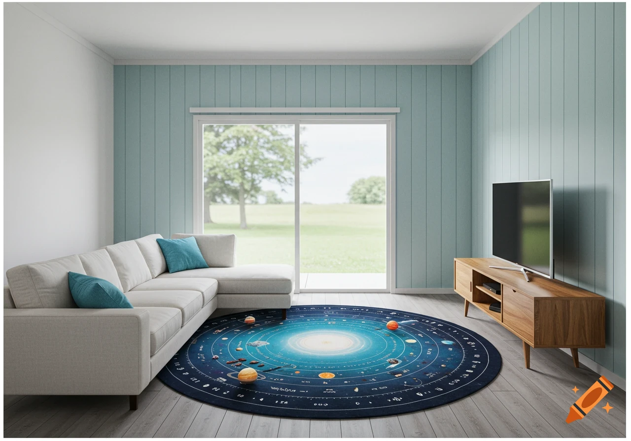 A photorealistic interior of a living room with a beige sofa and a ...