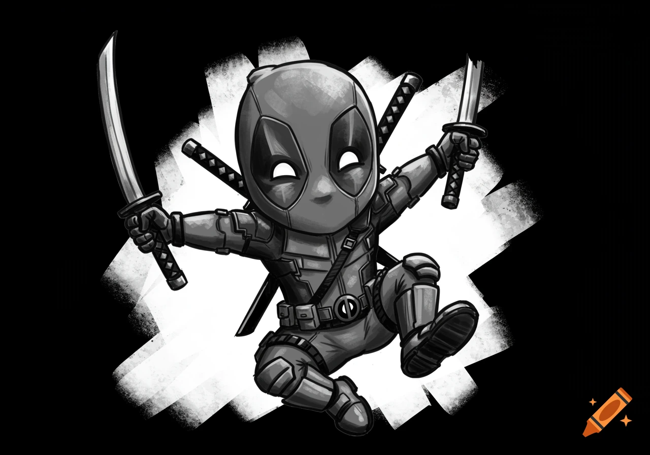 Chibi Deadpool jumping with two swords in black and white style on Craiyon