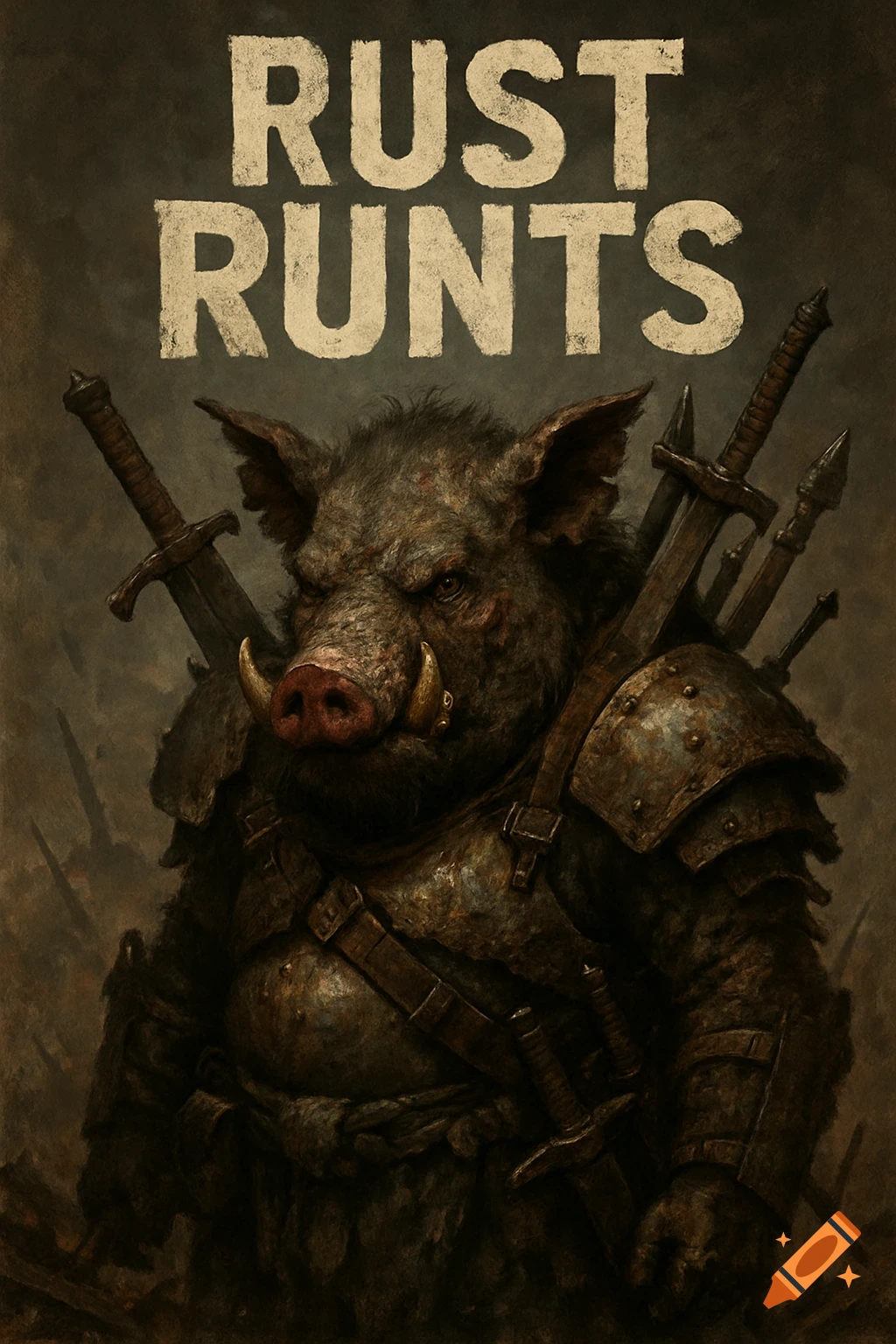 Armored warthog warrior with swords and the title 'Rust Runts'. on Craiyon