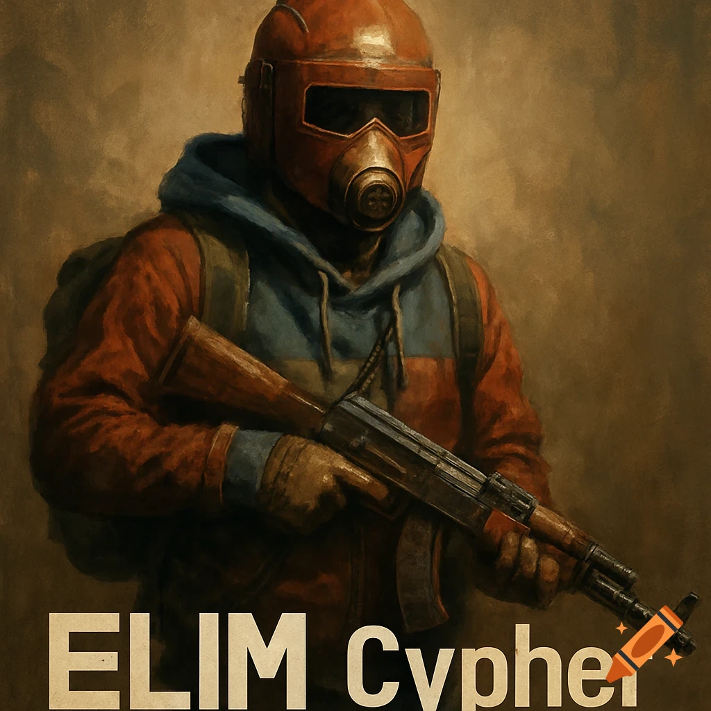 Character in gas mask and red hoodie holding a rifle, with text 'ELIM ...