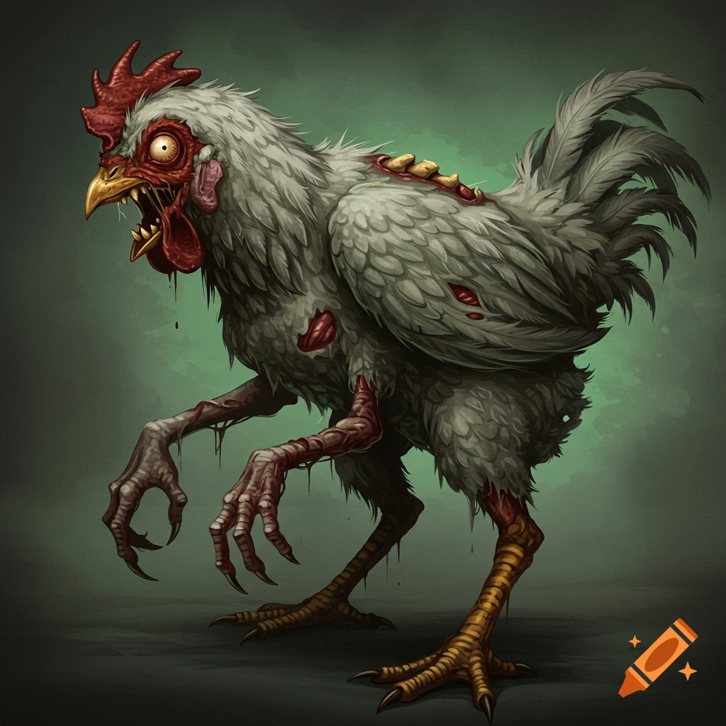Stylized illustration of a zombie chicken with wounds and claws on Craiyon