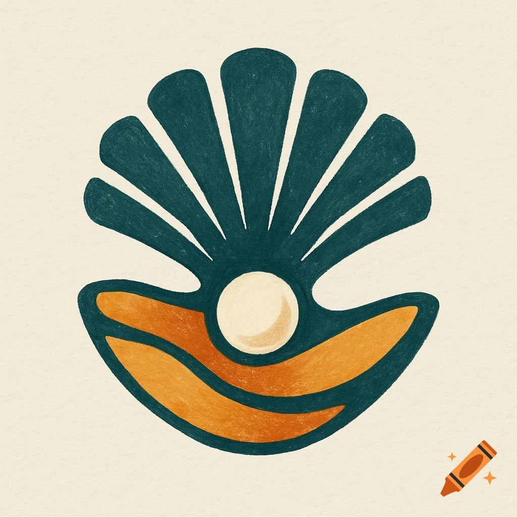 Abstract clam shell logo with a pearl in a colored pencil style on Craiyon
