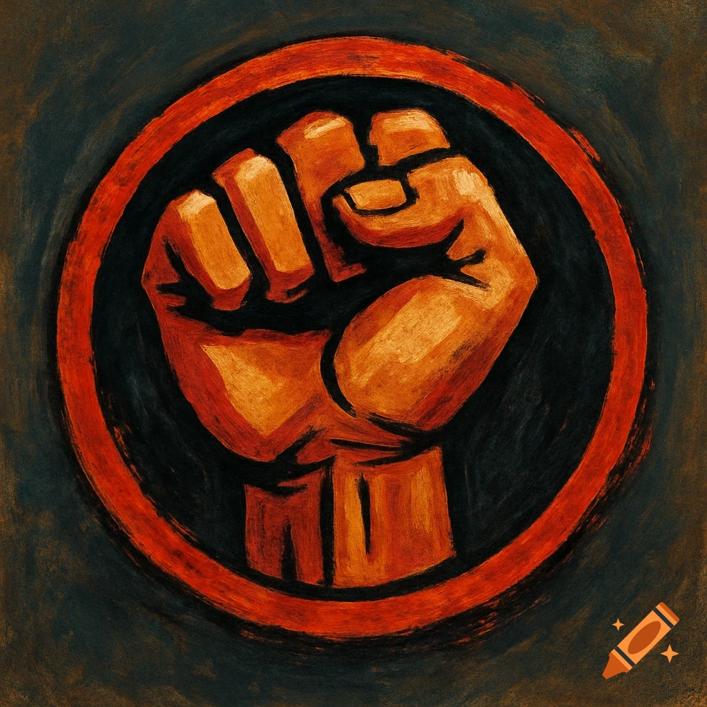 Stylized orange fist raised inside a red circle on a dark background ...