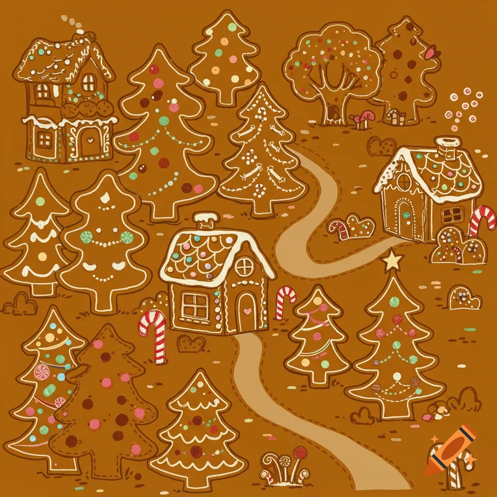 A whimsical cartoon illustration of a gingerbread forest with houses ...