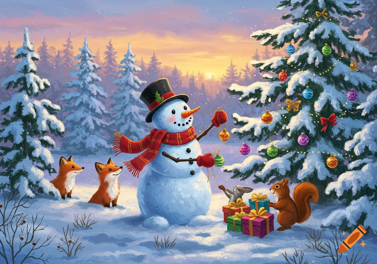 A snowman and forest animals decorate a snowy Christmas tree in a ...