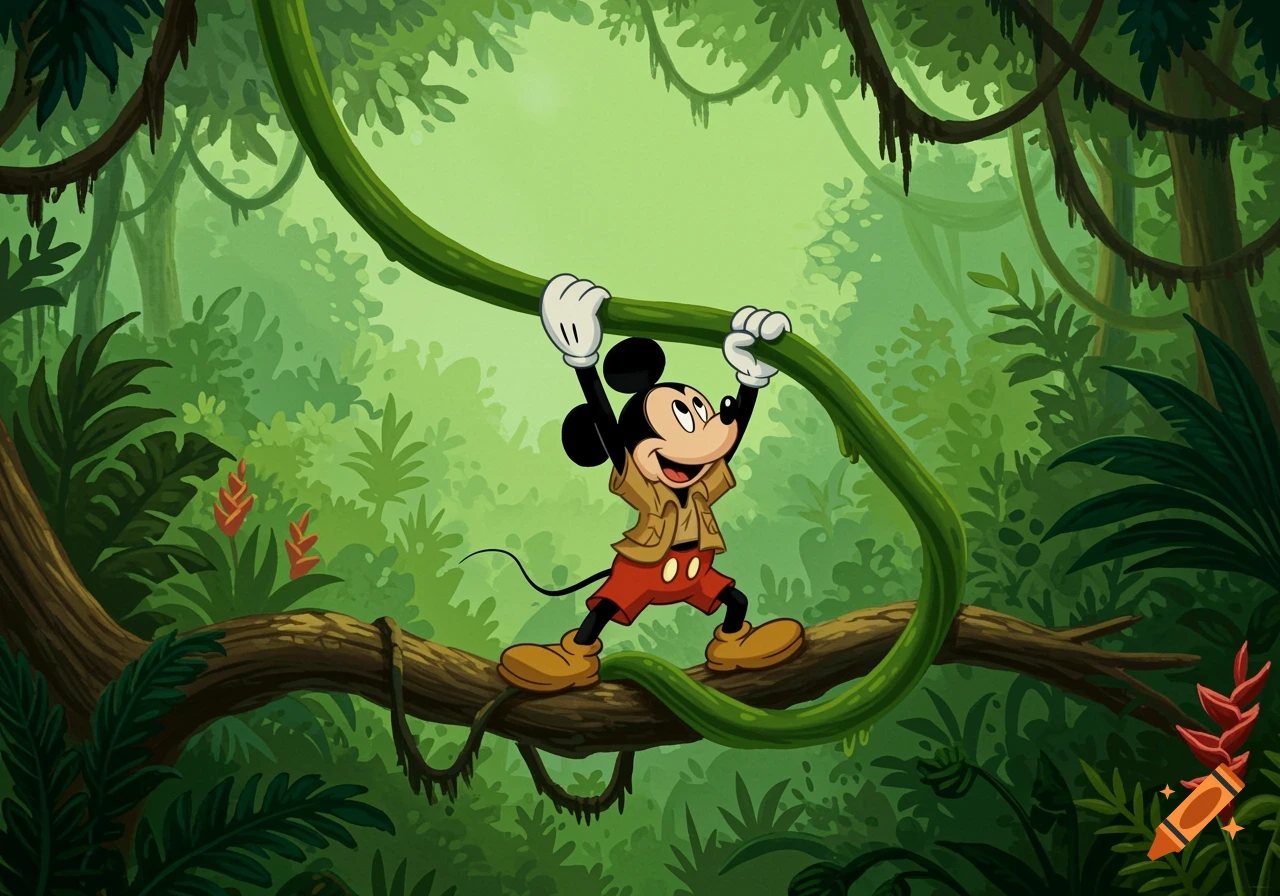 Cartoon illustration of Mickey Mouse in a jungle, holding a vine while ...