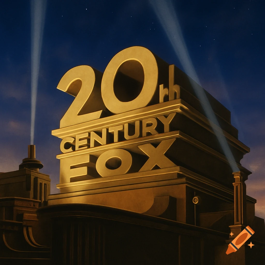 Golden 20th Century Fox logo sign with spotlights against a night sky ...