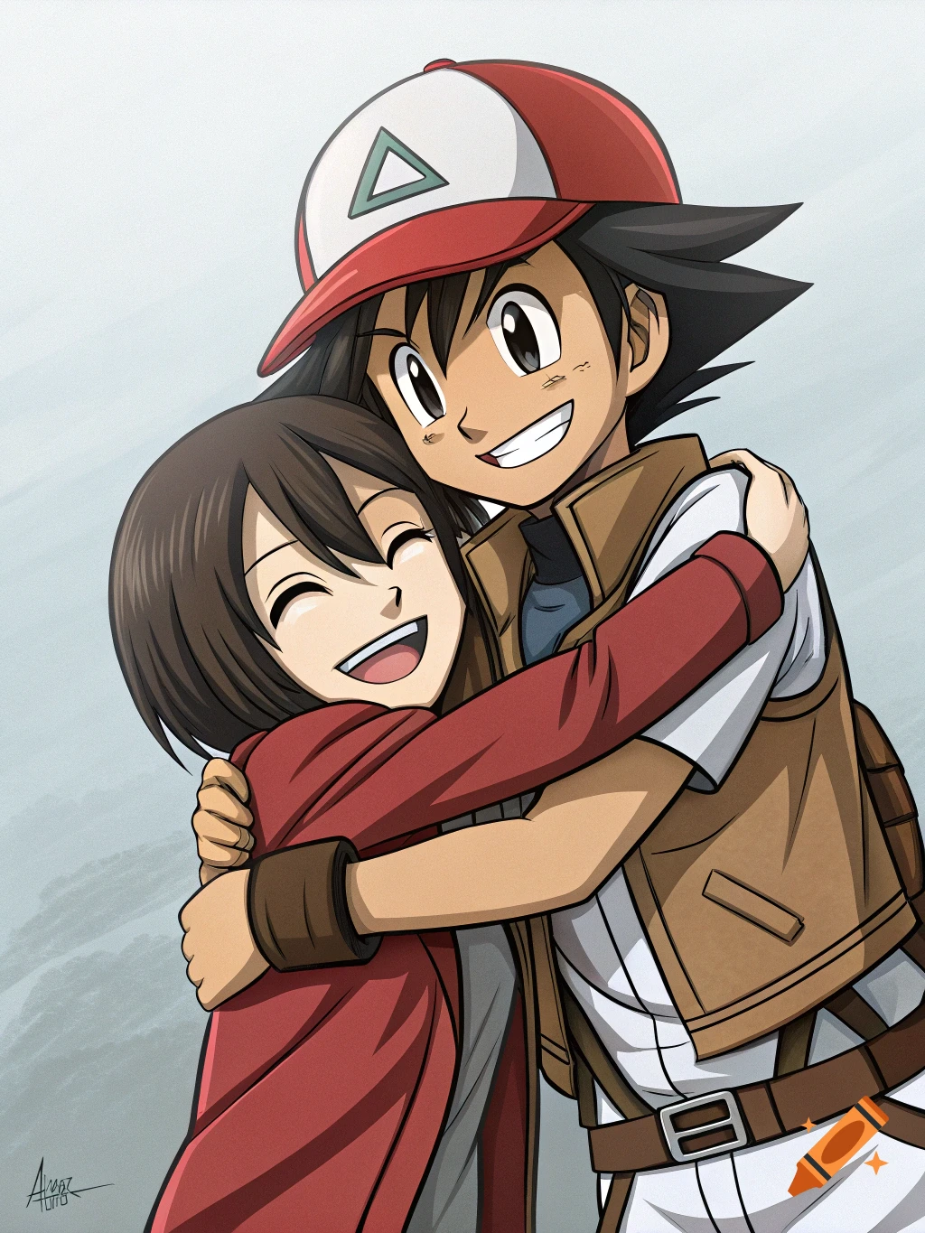 Anime illustration of two characters hugging and smiling, one ...