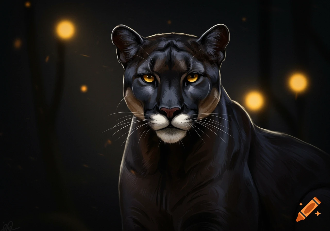 Digital illustration of a dark puma with piercing yellow eyes against a ...