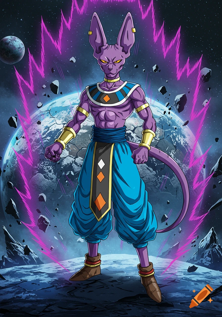 Anime character resembling Beerus standing on a planet in space with ...