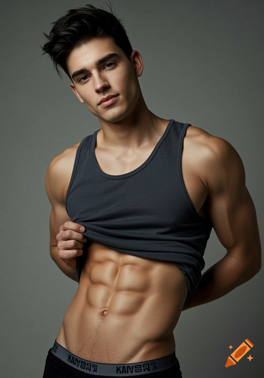 A portrait of a muscular man lifting his tank top to show his abs. on ...