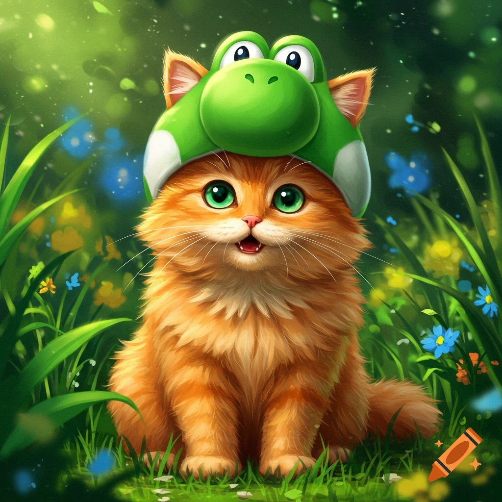 An orange cat wearing a Yoshi hat sits in a grassy garden. on Craiyon
