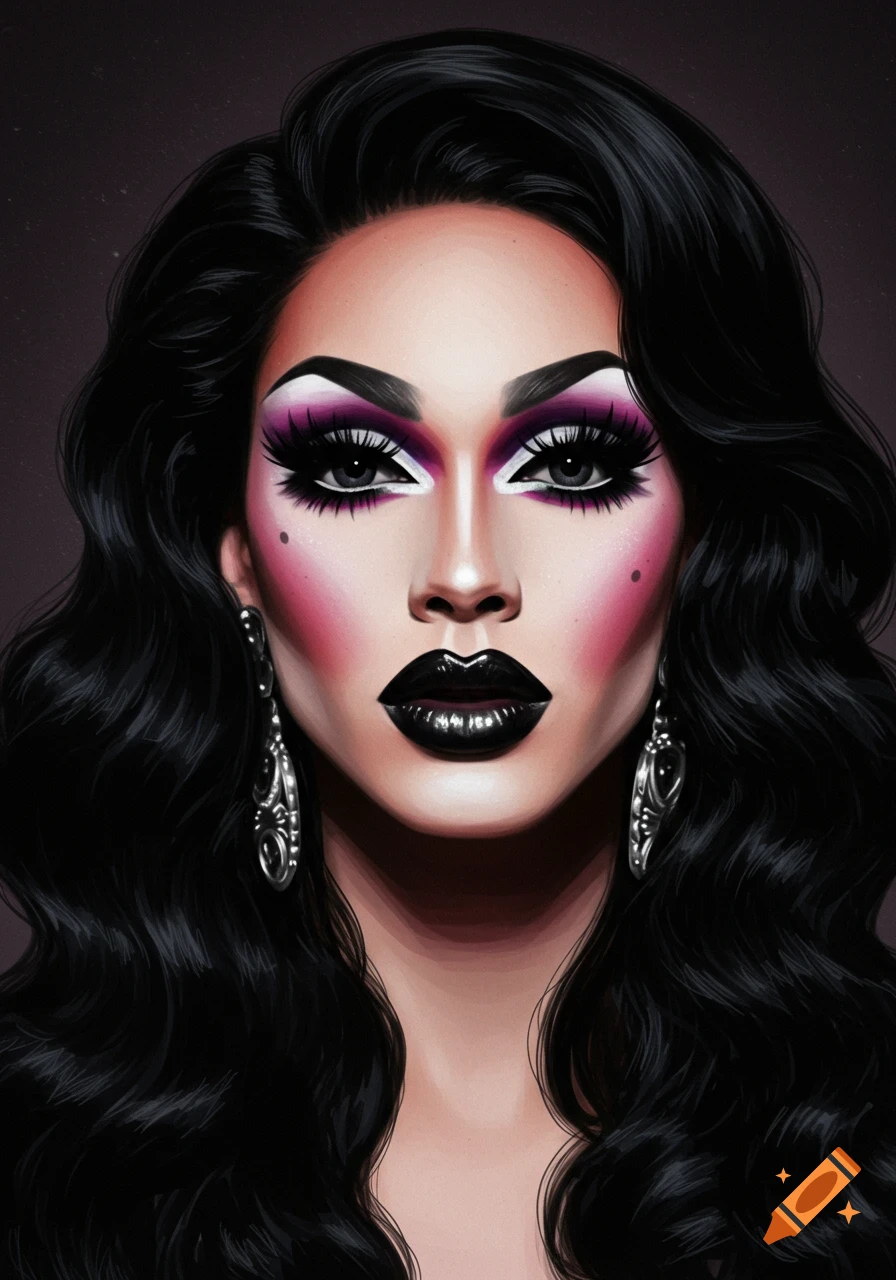 Portrait of a drag queen with heavy makeup, black lipstick, and wavy black hair on Craiyon