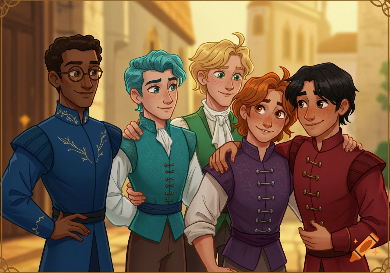 Five diverse cartoon princes in colorful tunics stand together in a ...