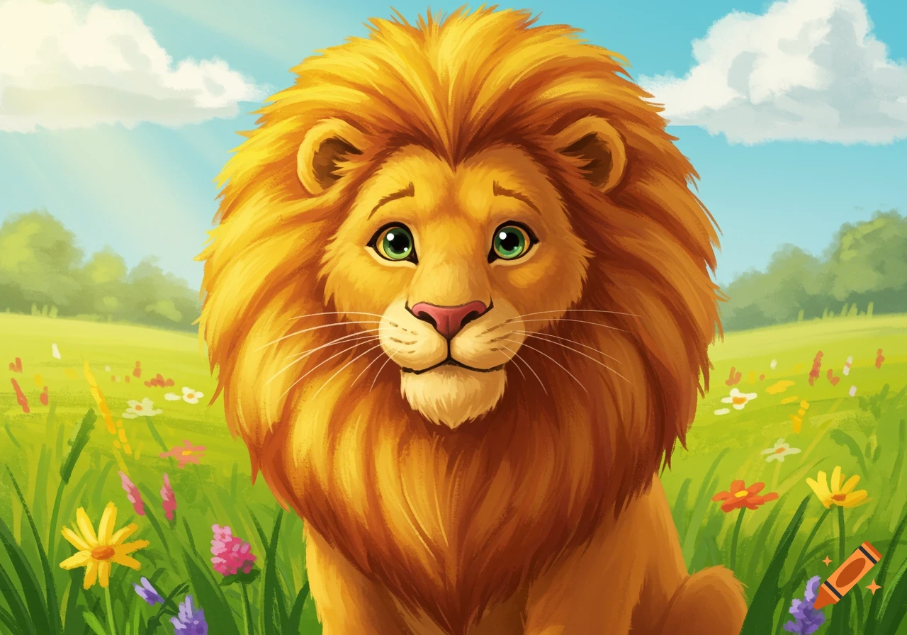 A cartoon lion sits in a field of flowers under a sunny sky, in a ...