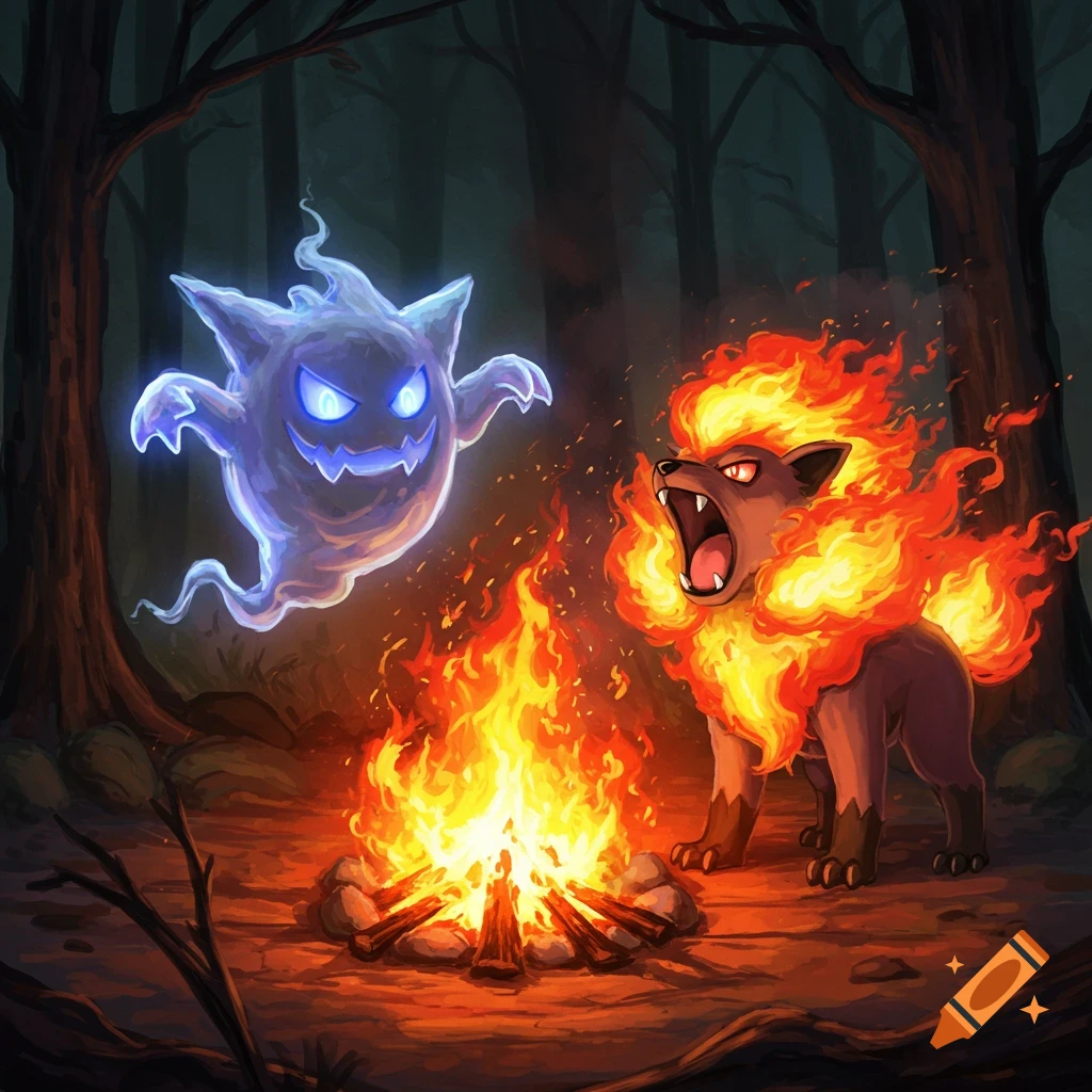 A ghost Pokemon and a fire Pokemon stand by a campfire in a forest. on ...