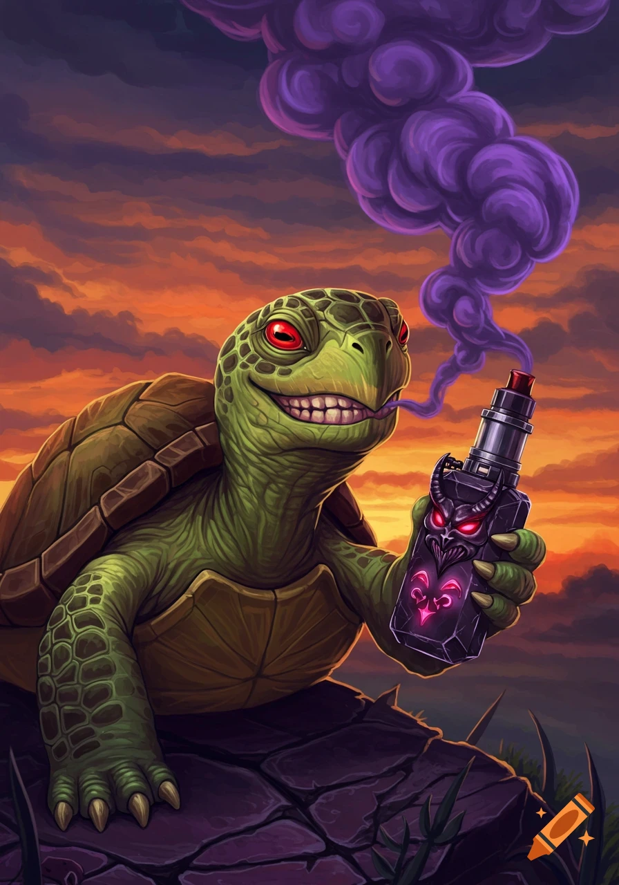 Cartoon turtle with red eyes smoking a demonic vape against a sunset ...