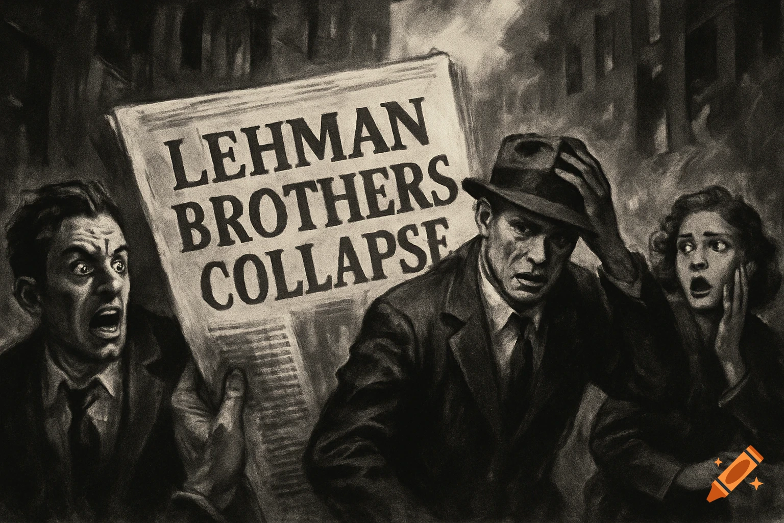 Noir illustration of people reacting in shock to a newspaper headline reading 'Lehman Brothers ...