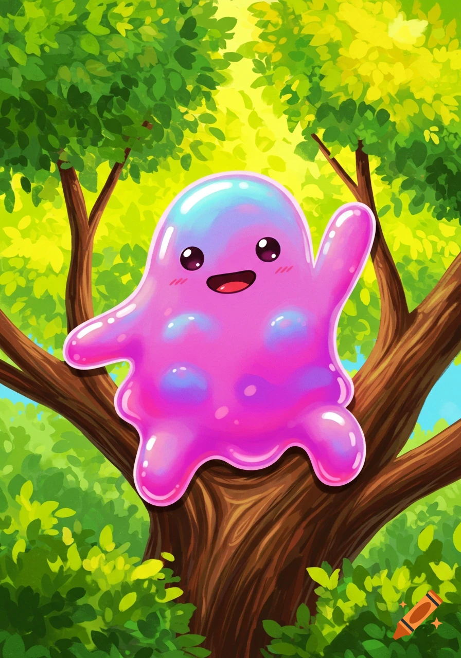 A shiny pink blob creature with a happy face sits in a tree. on Craiyon