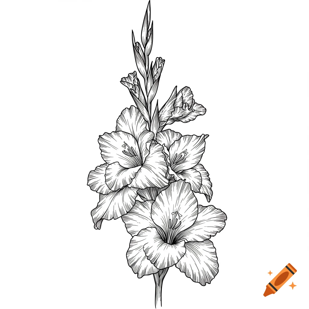 Black and white line drawing of gladiolus flowers on Craiyon