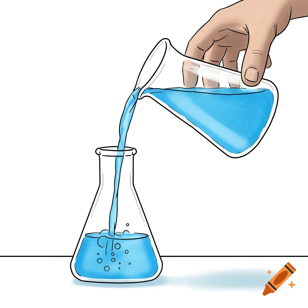 Illustration of a hand pouring liquid from a beaker into a flask. on ...