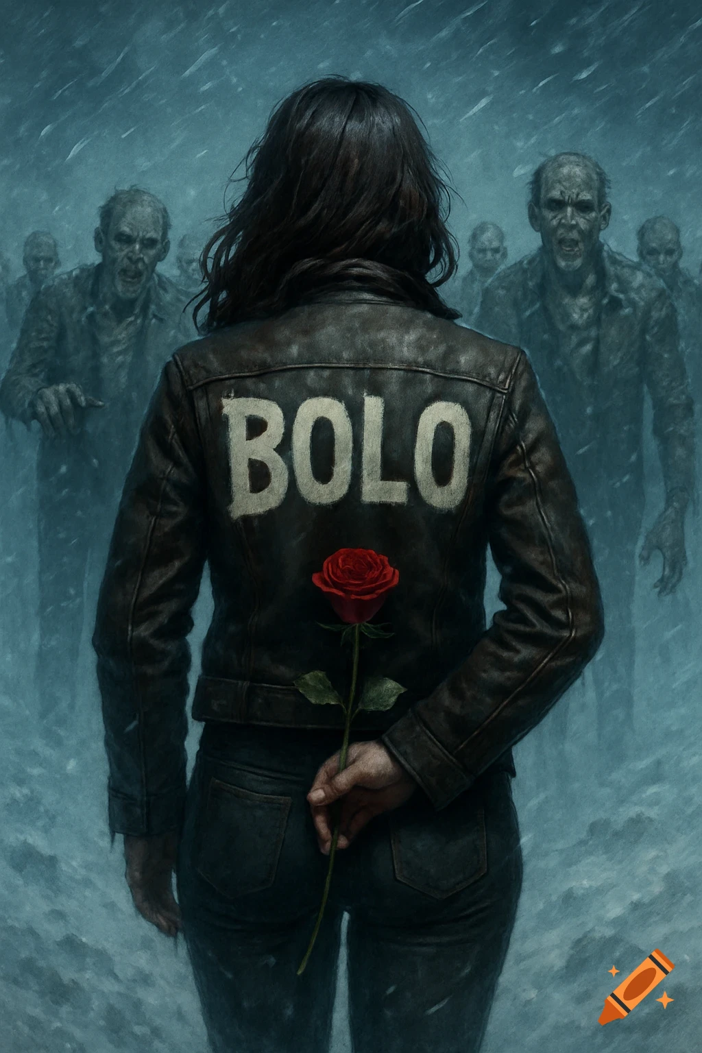 Woman facing zombies in a blizzard holding a rose with BOLO on her ...