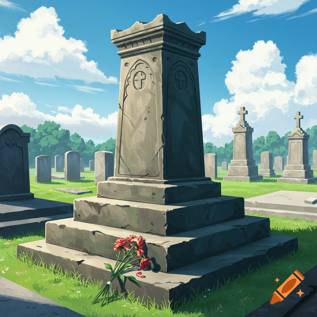 A stylized illustration of a graveyard with a large stone memorial and ...
