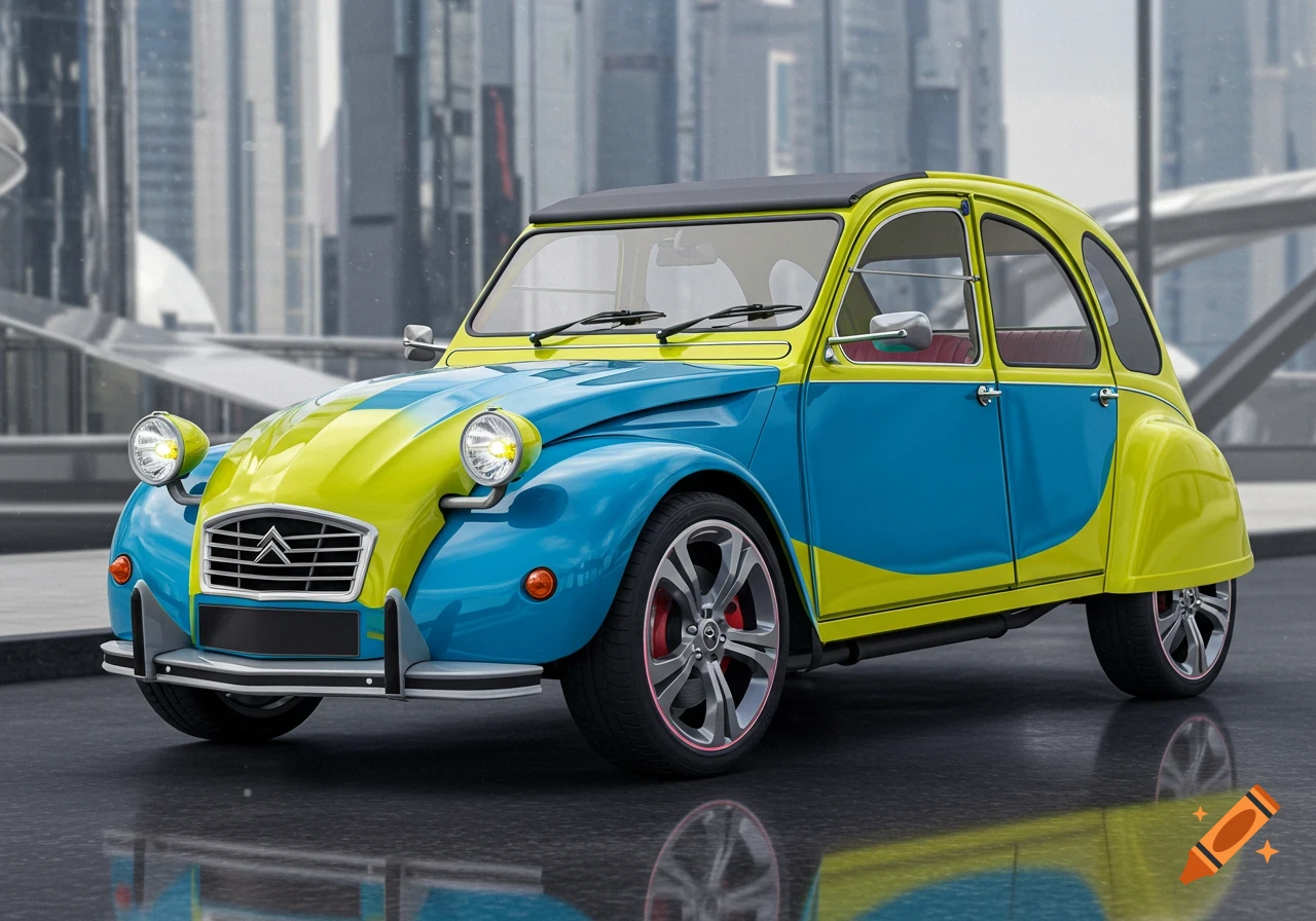 A modernized blue and yellow Citro en 2CV parked in a city setting. on ...