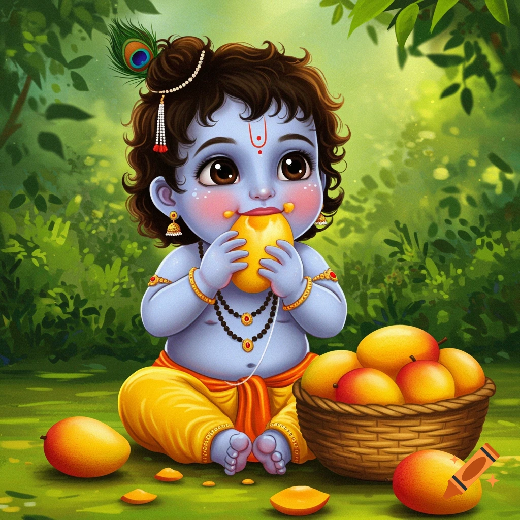 Cute illustration of baby Krishna eating a mango outdoors with a basket ...