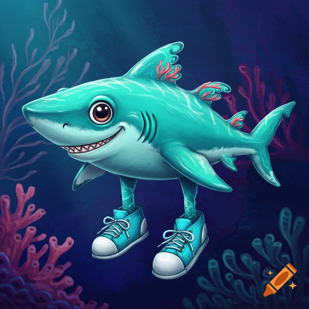 Cartoon shark with legs wearing blue shoes underwater. on Craiyon