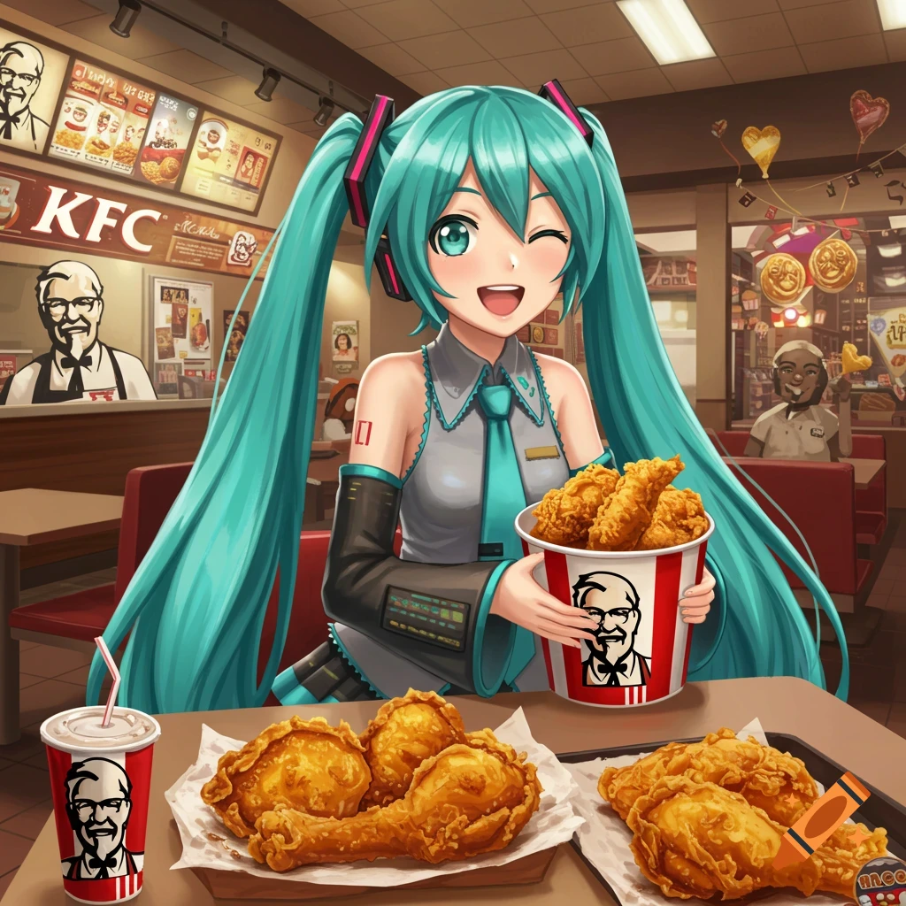 Anime style drawing of Hatsune Miku holding a bucket of fried chicken ...