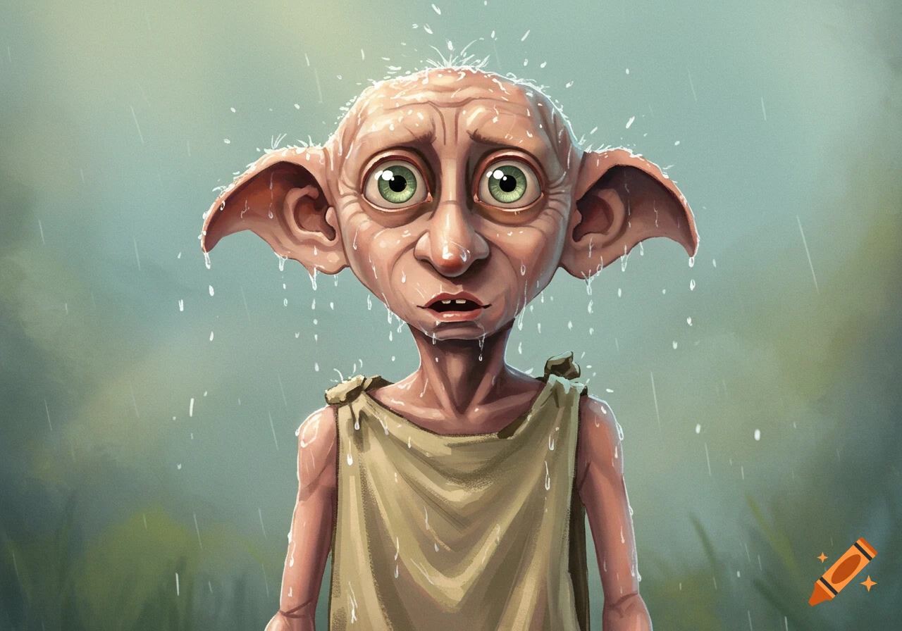 Illustration of Dobby, the house elf from Harry Potter, standing in the ...