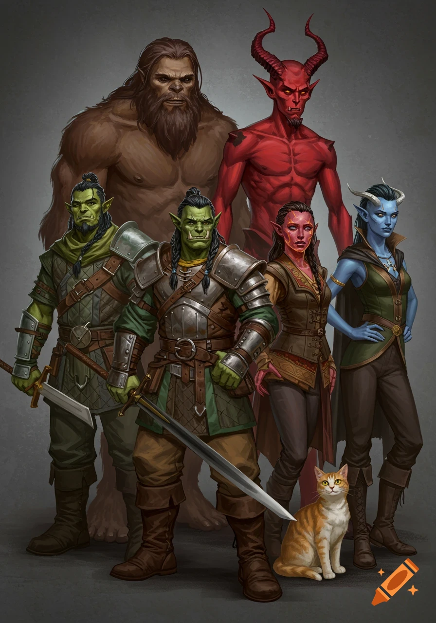 A diverse group of fantasy characters and a cat stand together ...