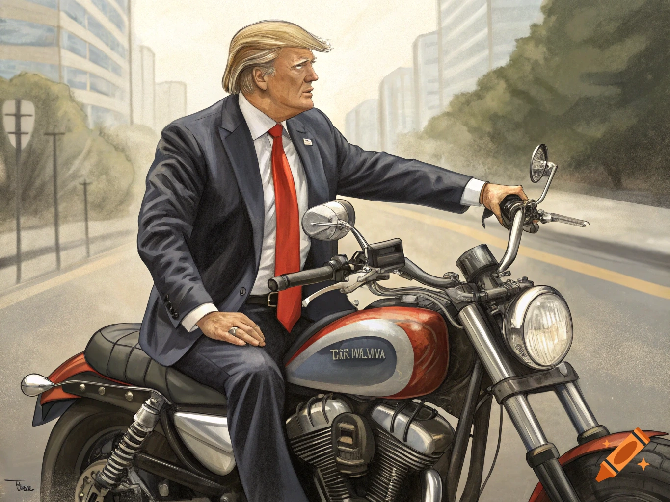 Illustration of Donald Trump wearing a suit and red tie while riding a ...