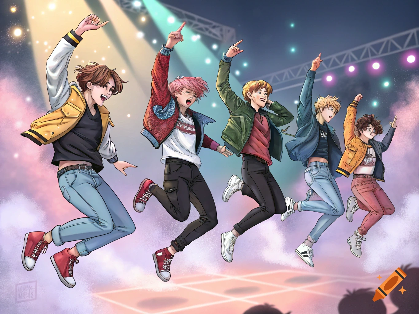 Anime style illustration of a K-pop group jumping on a stage during a ...