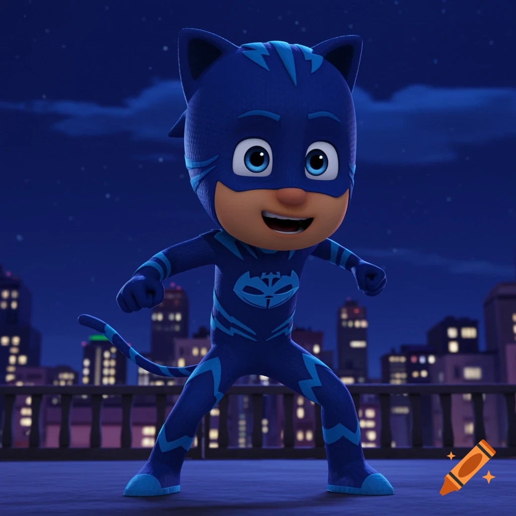 Catboy from PJ Masks standing on a rooftop at night on Craiyon