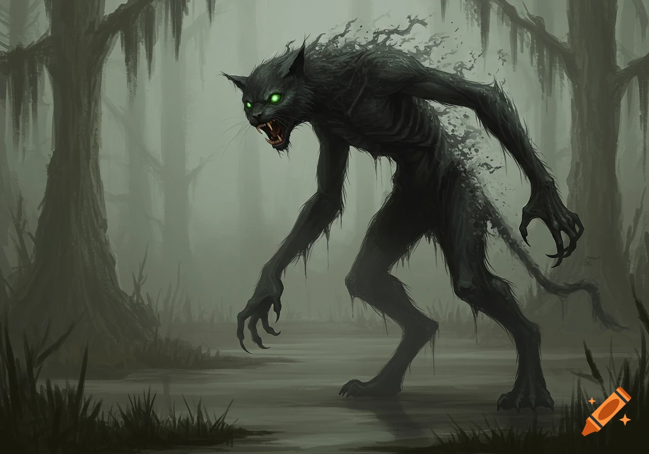 A scrawny black cat monster with green eyes stands in a misty swamp ...