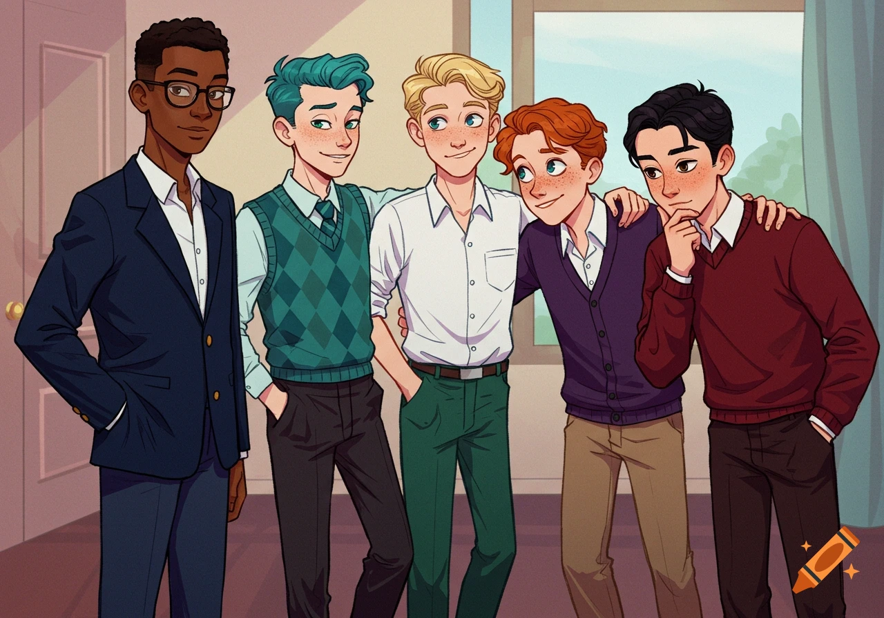 Whimsical cartoon illustration of five preppy boys in a group portrait ...
