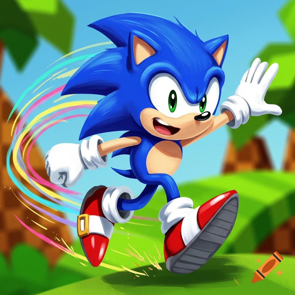 Sonic the Hedgehog runs with a rainbow trail in a stylized landscape on ...