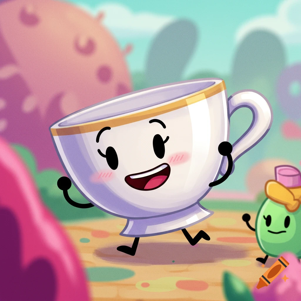 A cartoon teacup character runs in a colorful landscape with another ...