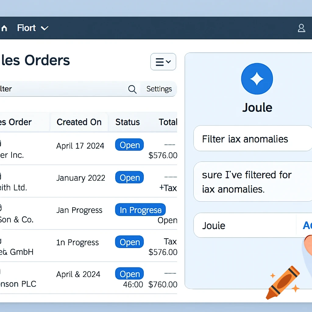 Screenshot of a software interface showing a sales orders list and an AI chatbot. on Craiyon