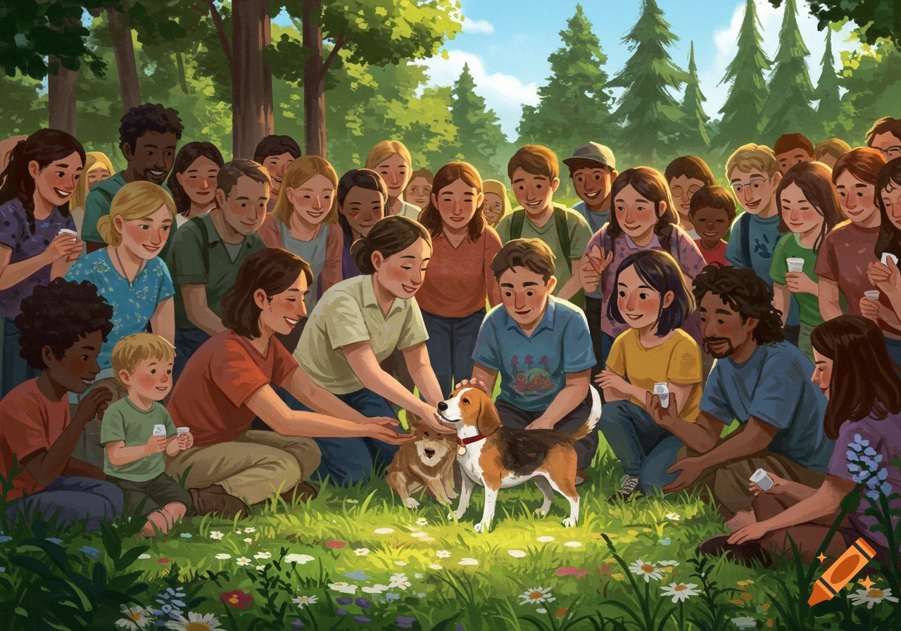 Illustration of a crowd of people gathered around two dogs in a sunny ...