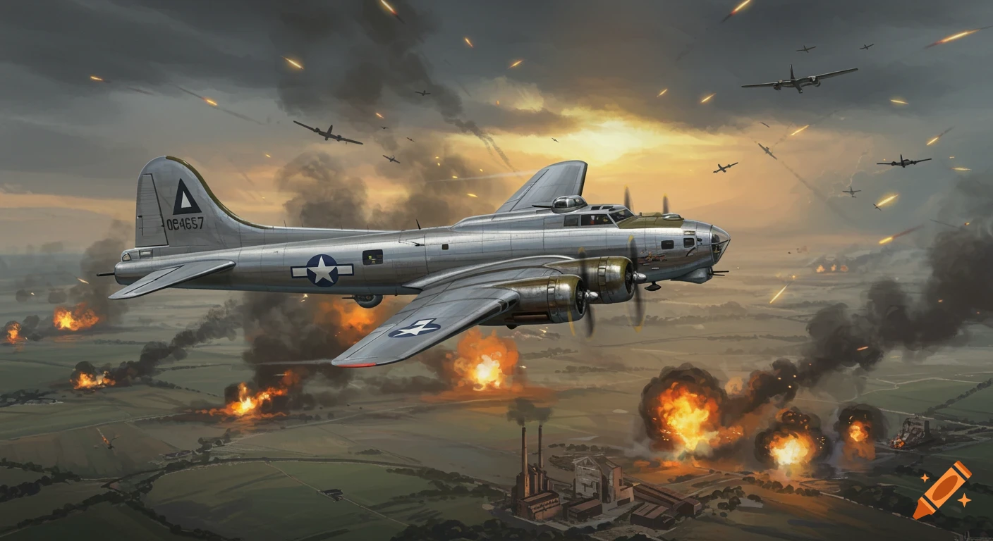 A B-17 bomber flies through heavy flak over a landscape dotted with ...