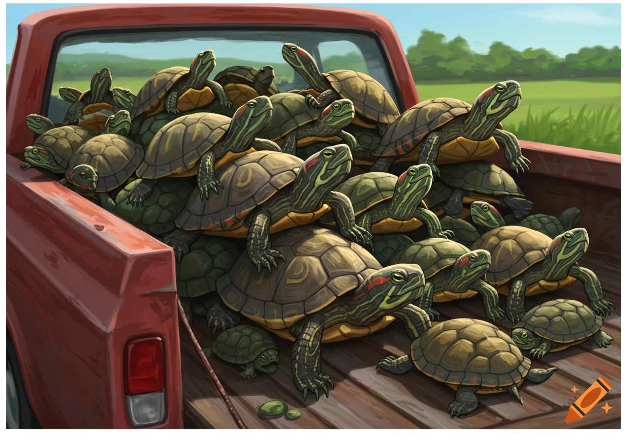 Many turtles piled in the back of a red pickup truck. on Craiyon