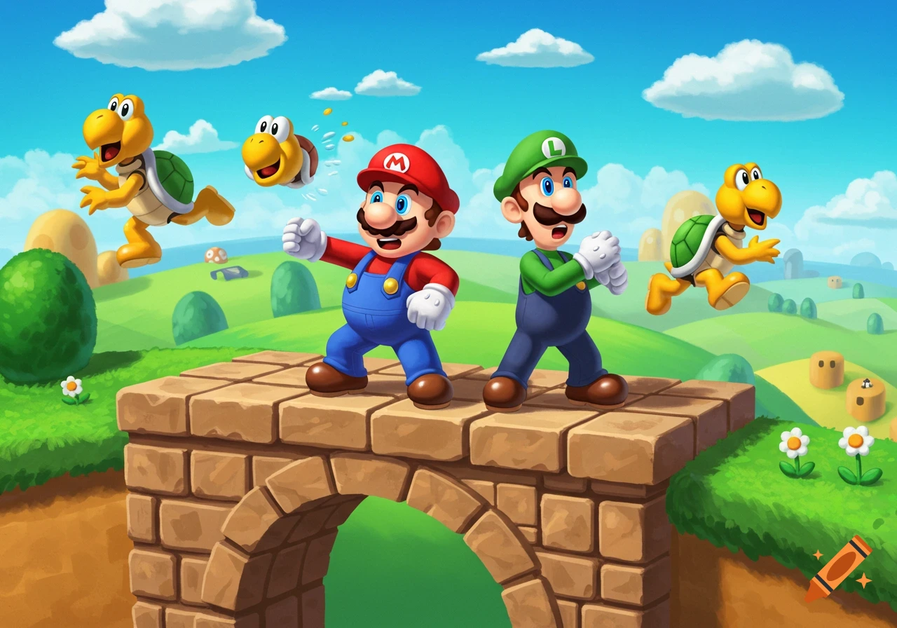 Cartoon image of Mario and Luigi standing on a bridge in a Super Mario ...